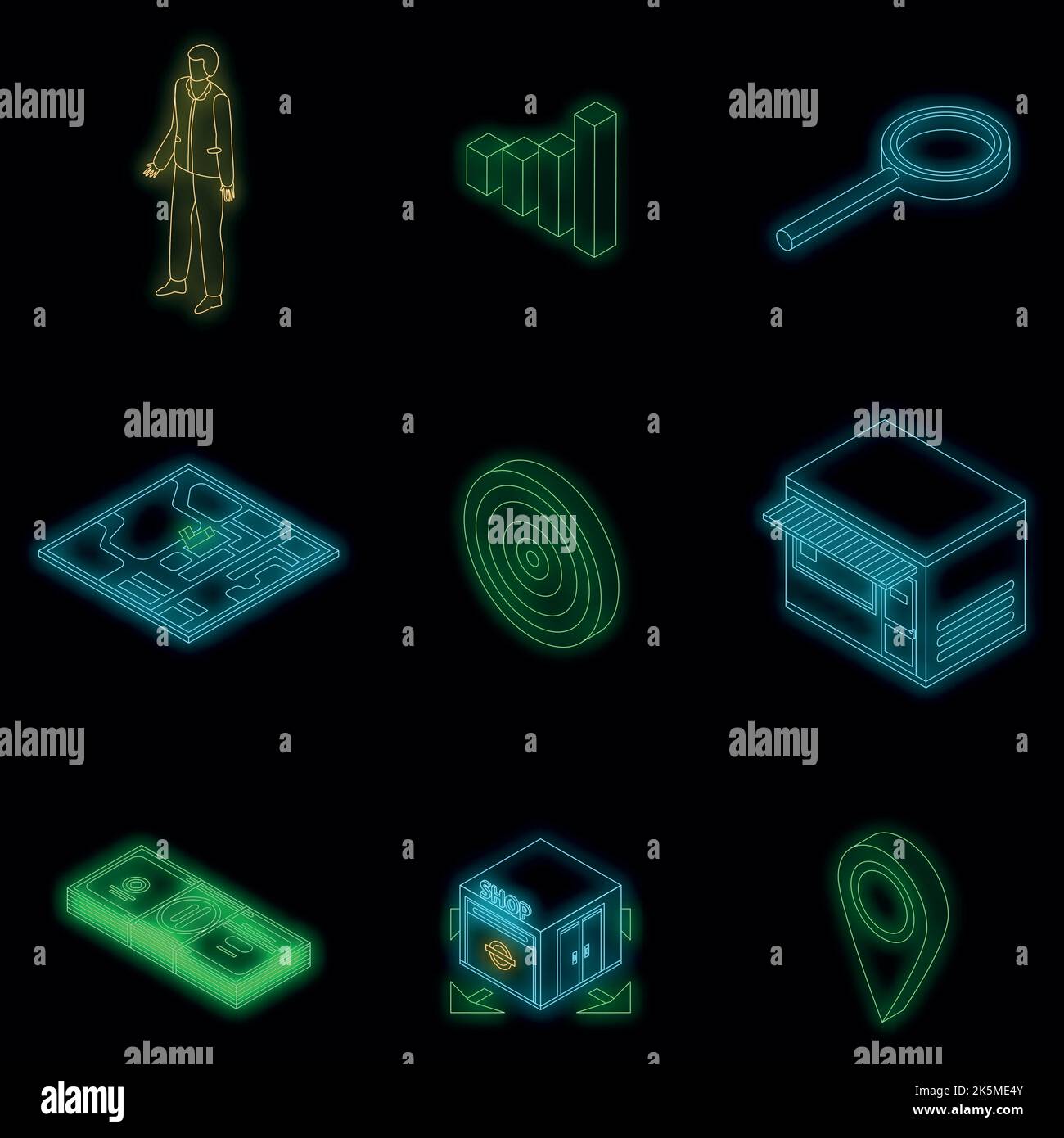 Franchise icons set. Isometric set of franchise vector icons neon color ...