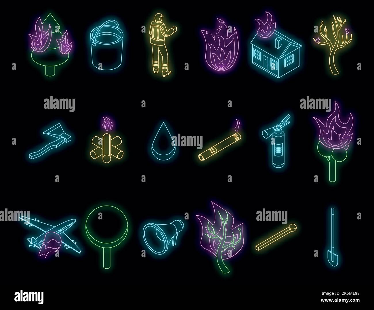 Wildfire icons set. Isometric set of wildfire vector icons neon color ...
