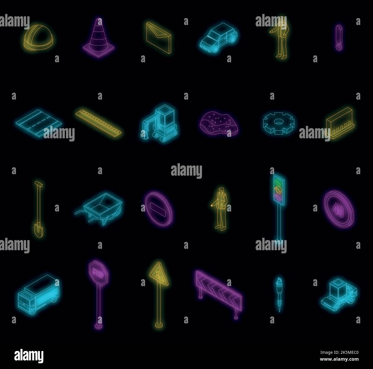 Road repair icons set. Isometric set of road repair vector icons neon ...