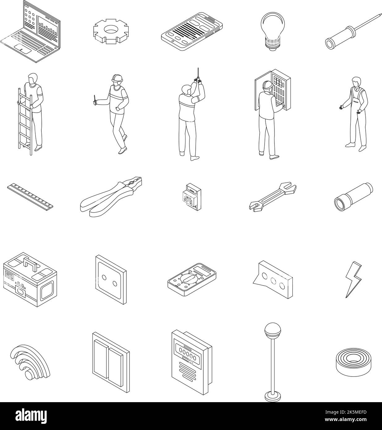 Electrician service icons set. Isometric set of electrician service ...