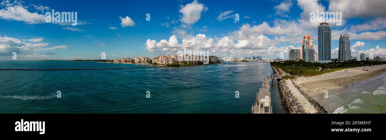 Aerial panorama Miami Beach Fisher Island Government Cut inlet Stock ...