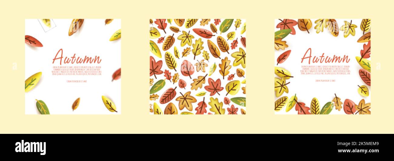 Set of colorful autumn posters with bright beautiful leaves frame, 3d ...
