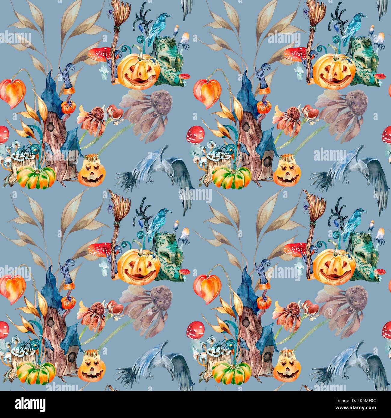 Colorful Halloween fairy house watercolor seamless pattern isolated on ...