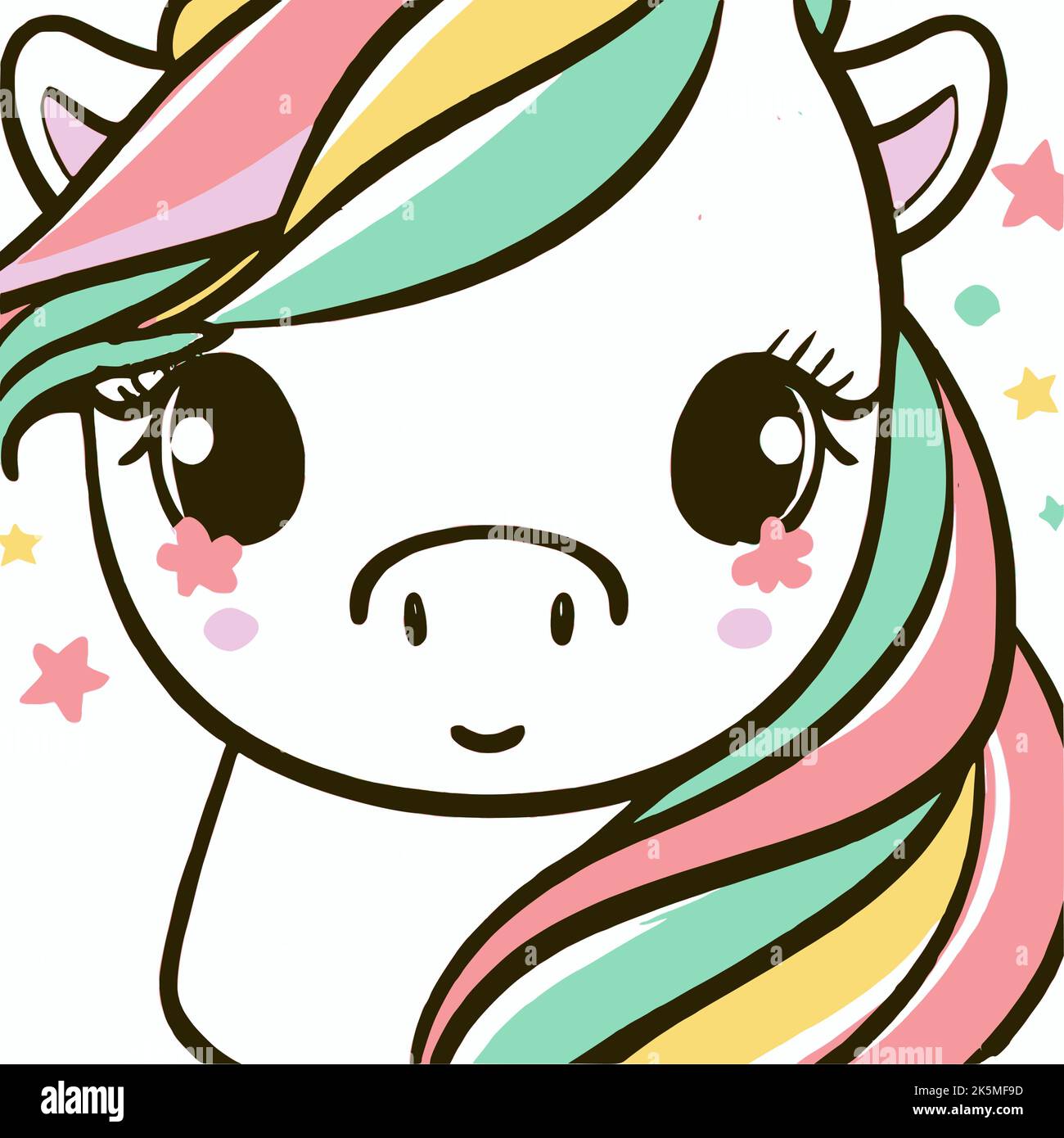 An illustration of a unicorn's head with sparkles and stars in a 2d ...