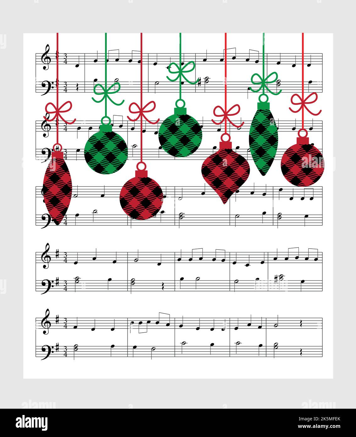 Buffalo plaid Christmas tree toys on the background of the music page ...