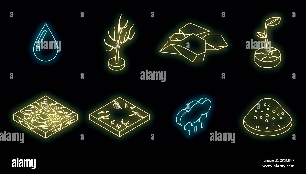 Drought icons set. Isometric set of drought vector icons neon color on ...