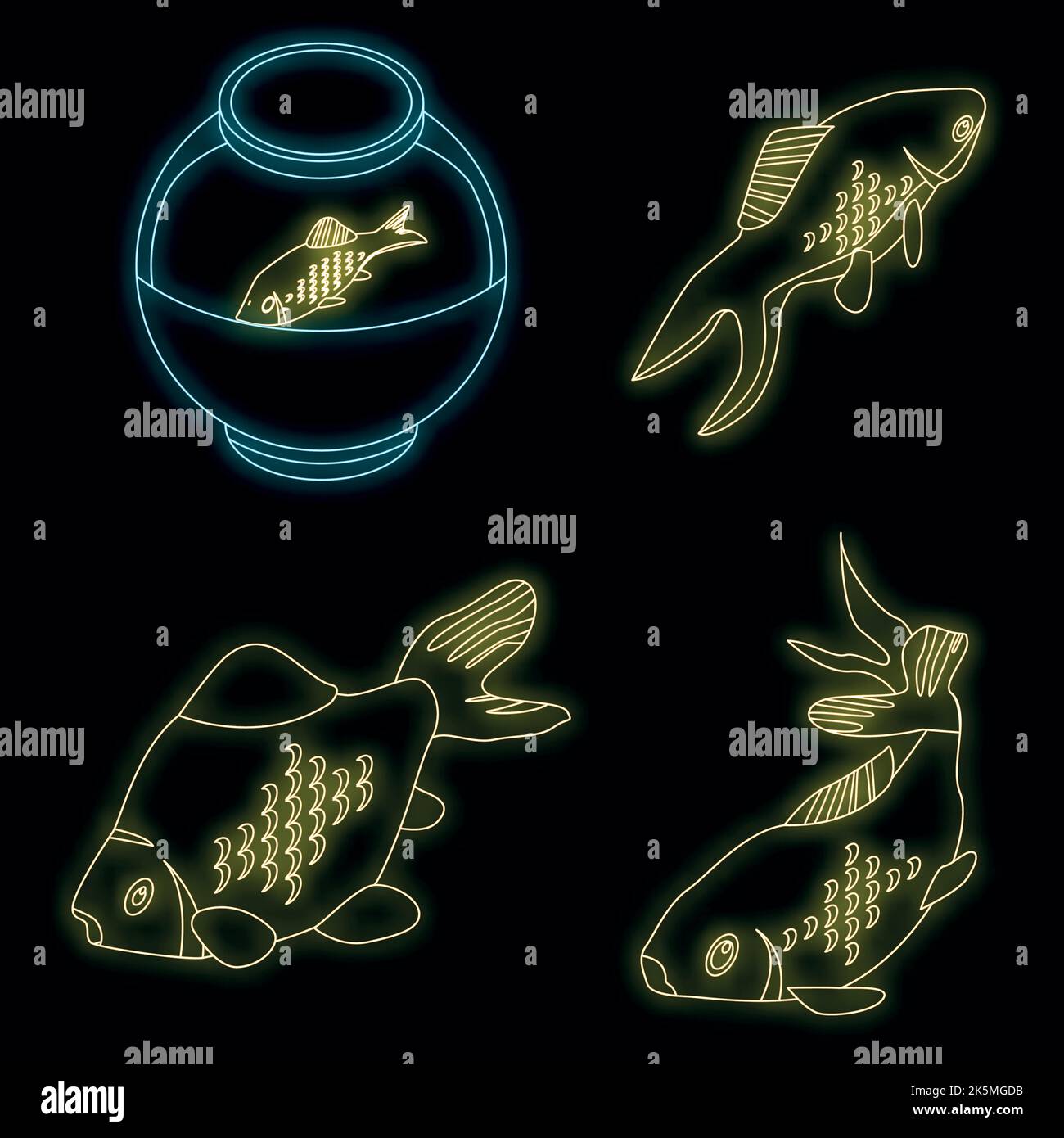 Goldfish icons set. Isometric set of goldfish vector icons neon color ...