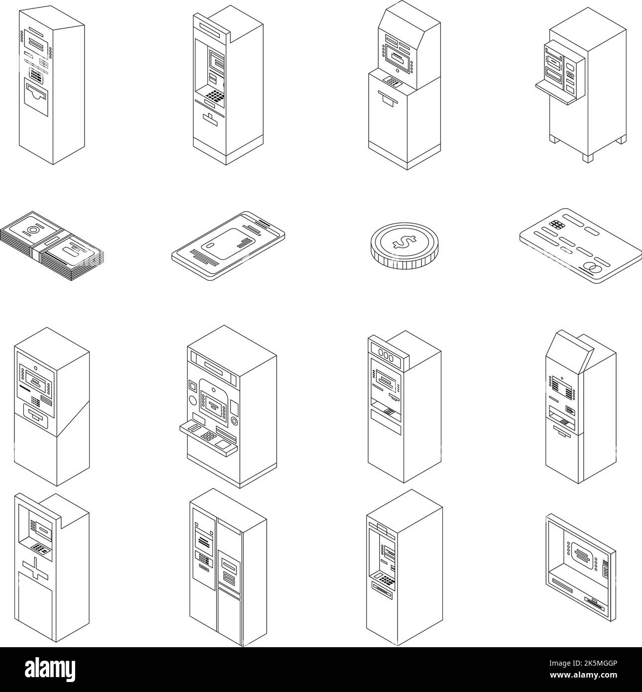 Atm machine icons set. Isometric set of atm machine vector icons outline thin lne isolated on ...