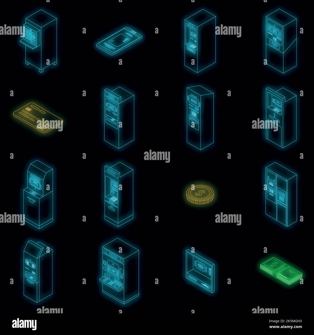Atm machine icons set. Isometric set of atm machine vector icons neon ...