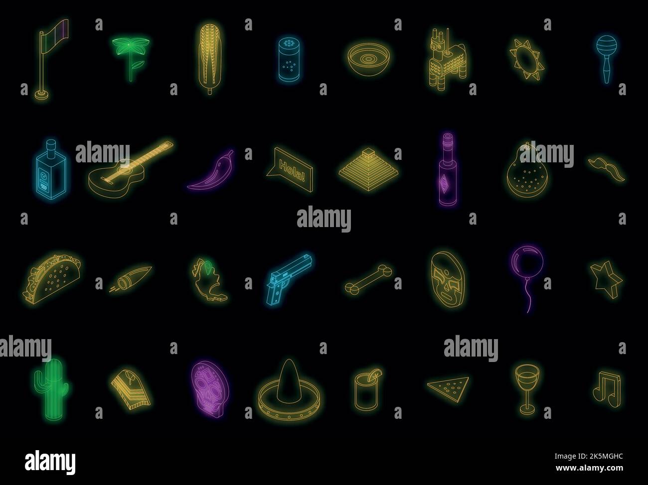 Mexico icons set. Isometric set of Mexico vector icons neon color on black Stock Vector Image ...