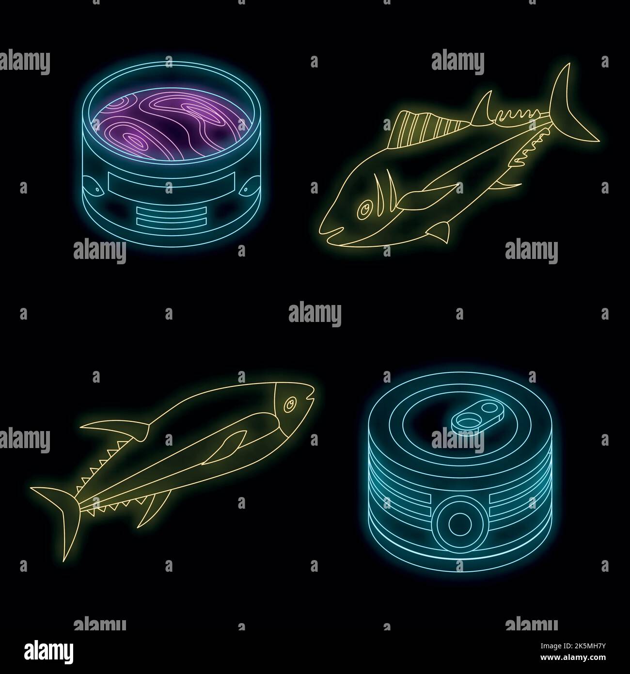 Tuna icons set. Isometric set of tuna vector icons neon color on black ...