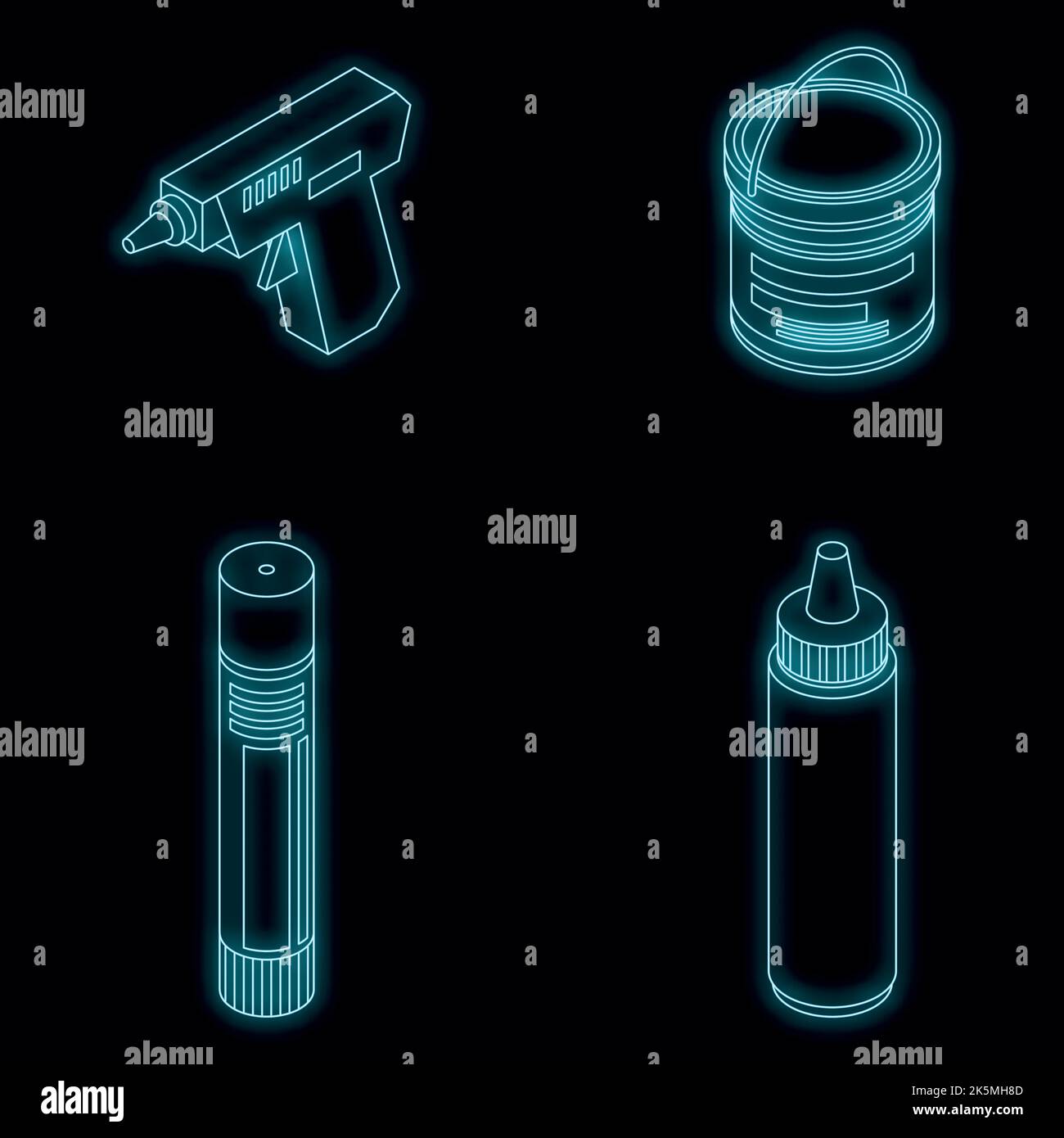 Glue icons set. Isometric set of glue vector icons neon color on black ...
