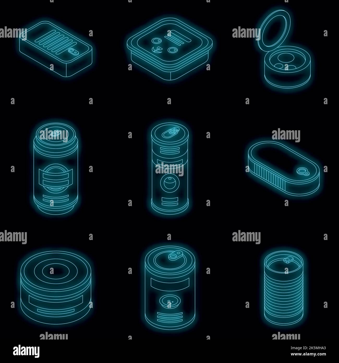 Tin can icons set. Isometric set of tin can vector icons neon color on ...