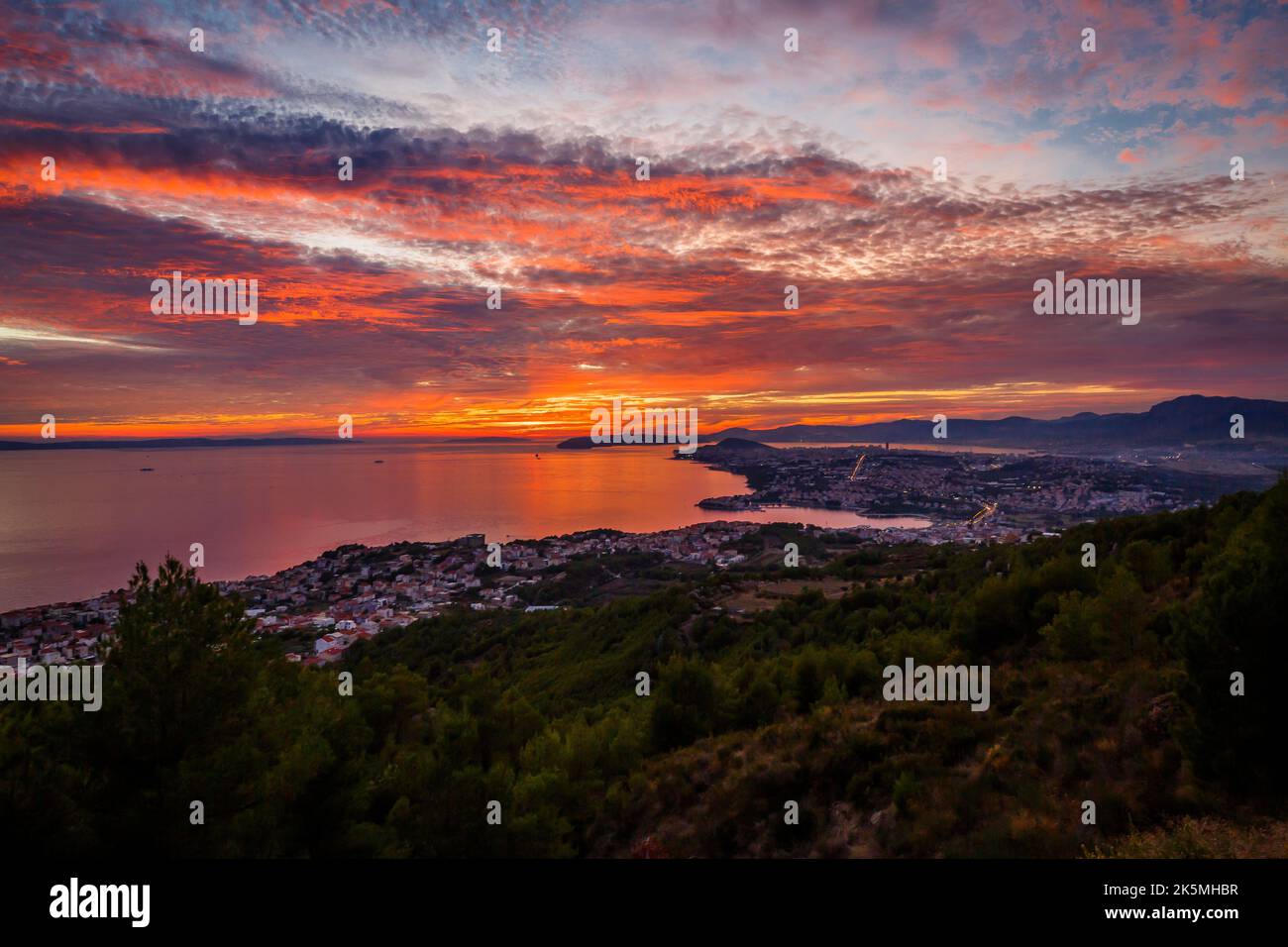 View of Split and its surroundings during sunset from the slopes of ...
