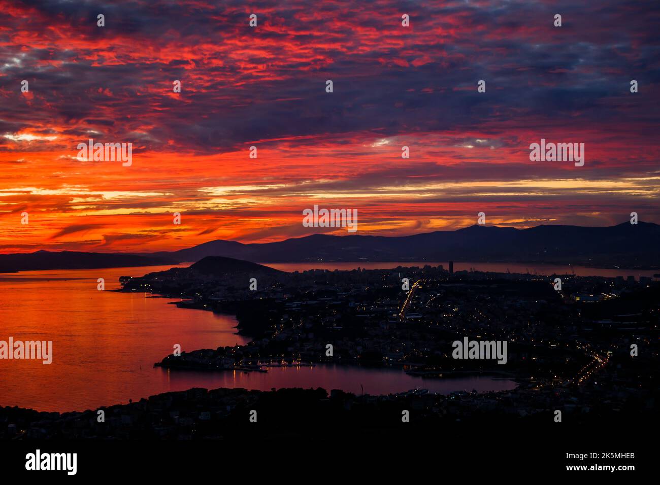 View of Split and its surroundings during sunset from the slopes of ...