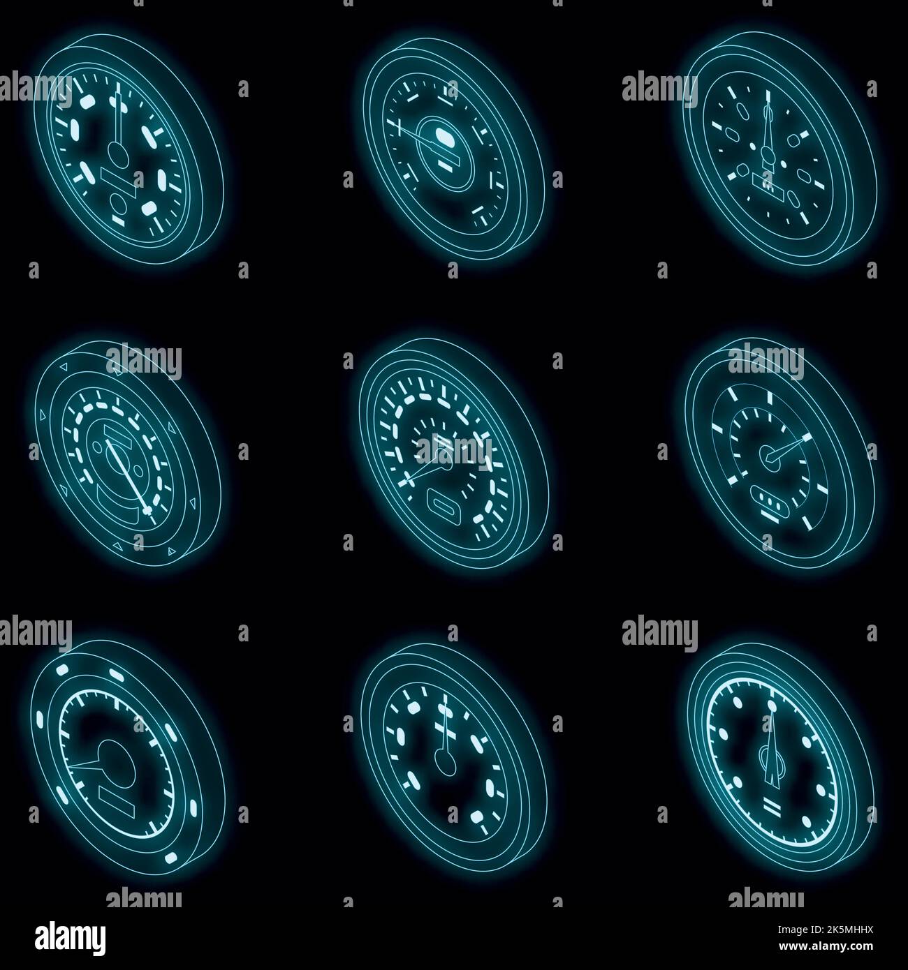 Speedometer icons set. Isometric set of speedometer vector icons neon ...