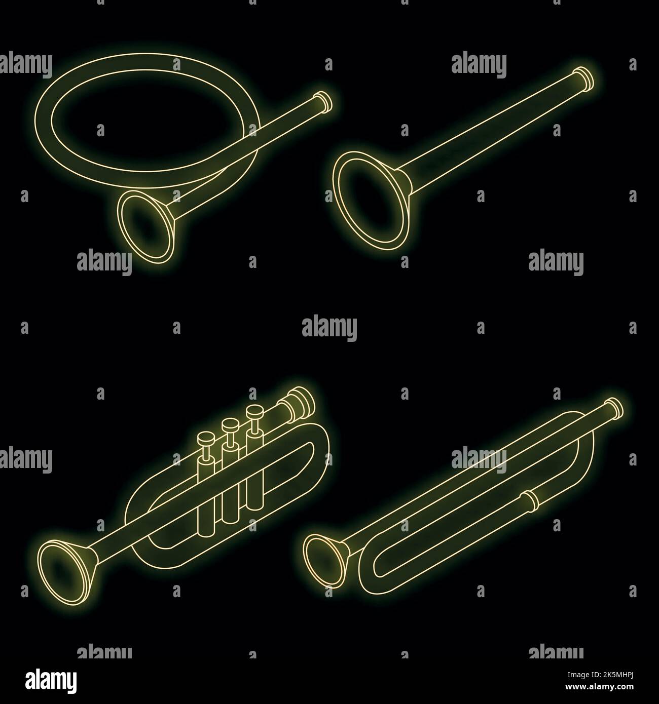 Trumpet icons set. Isometric set of trumpet vector icons neon color on ...