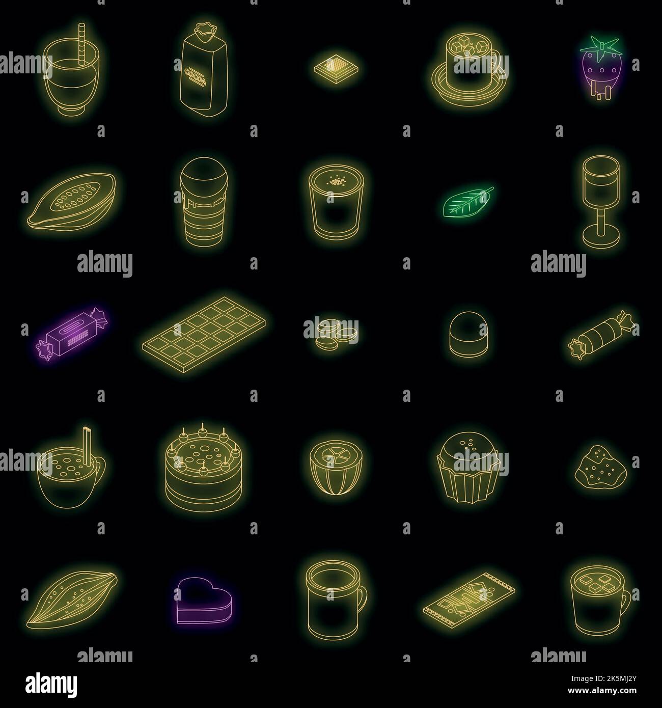 Cocoa icons set. Isometric set of cocoa vector icons neon color on ...
