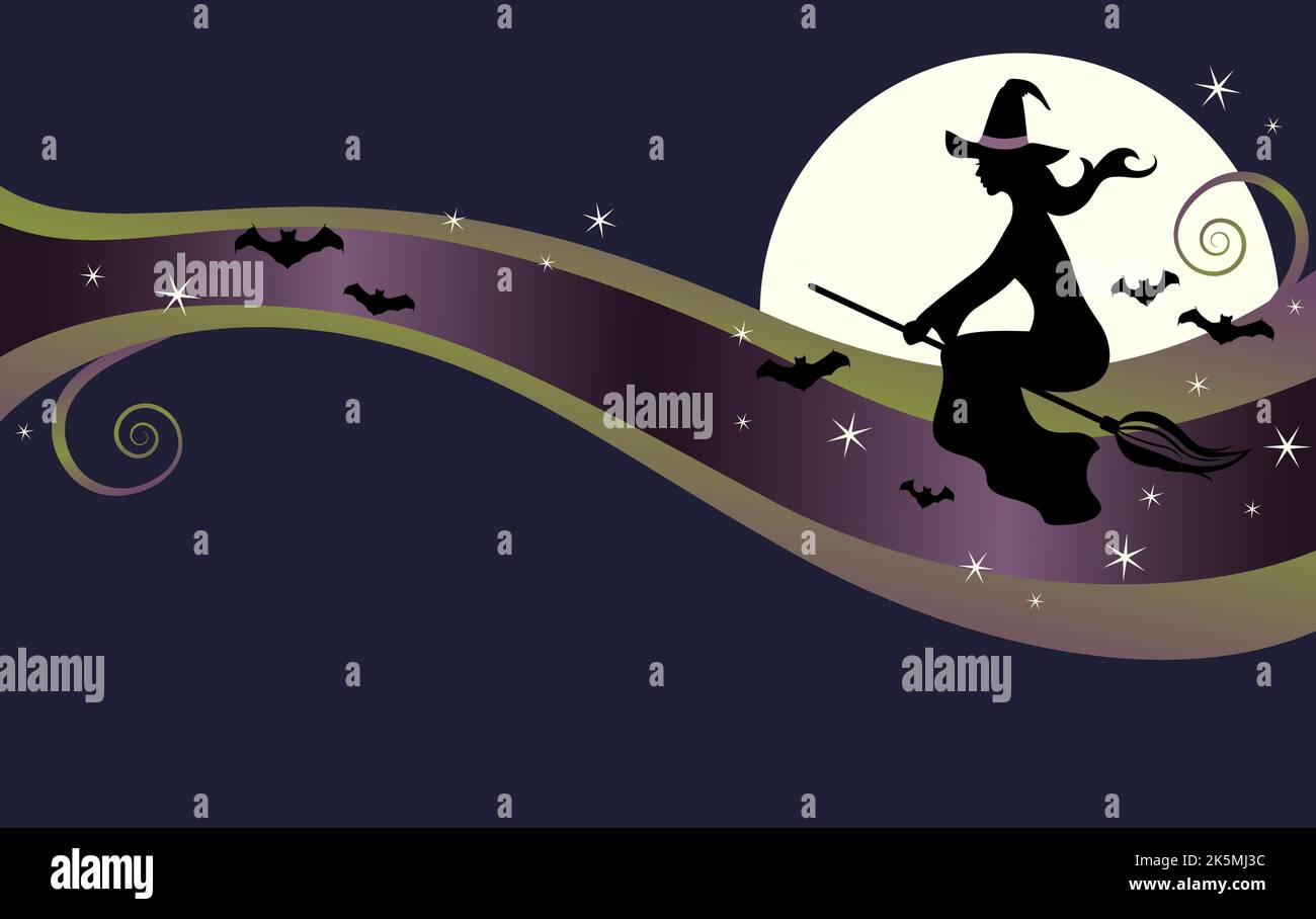 A flying witch and bats Halloween night design with copy space Stock ...