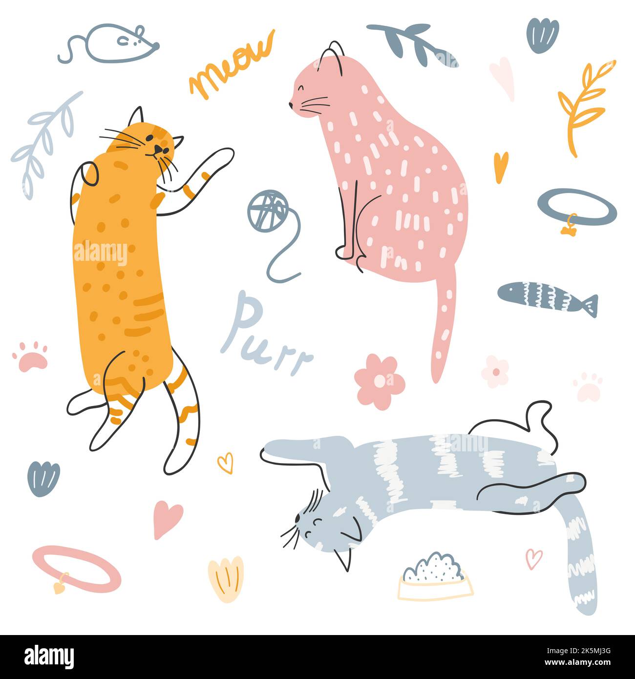 Set of hand drawn cute colorful cats. Vector illustration of kittens ...