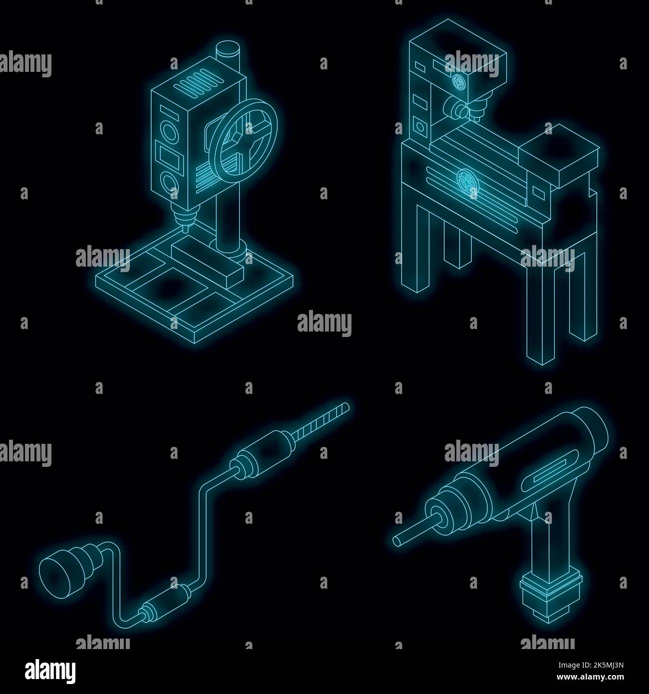 Drilling machine icons set. Isometric set of drilling machine vector icons neon color on black ...