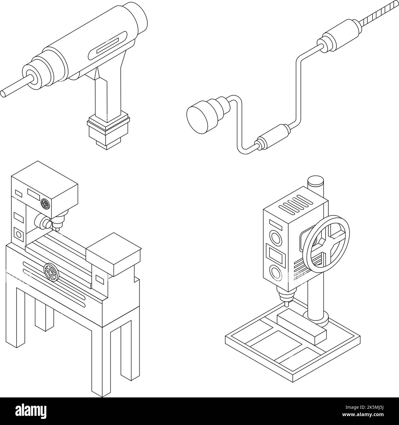 Drilling machine icons set. Isometric set of drilling machine vector icons outline thin lne ...