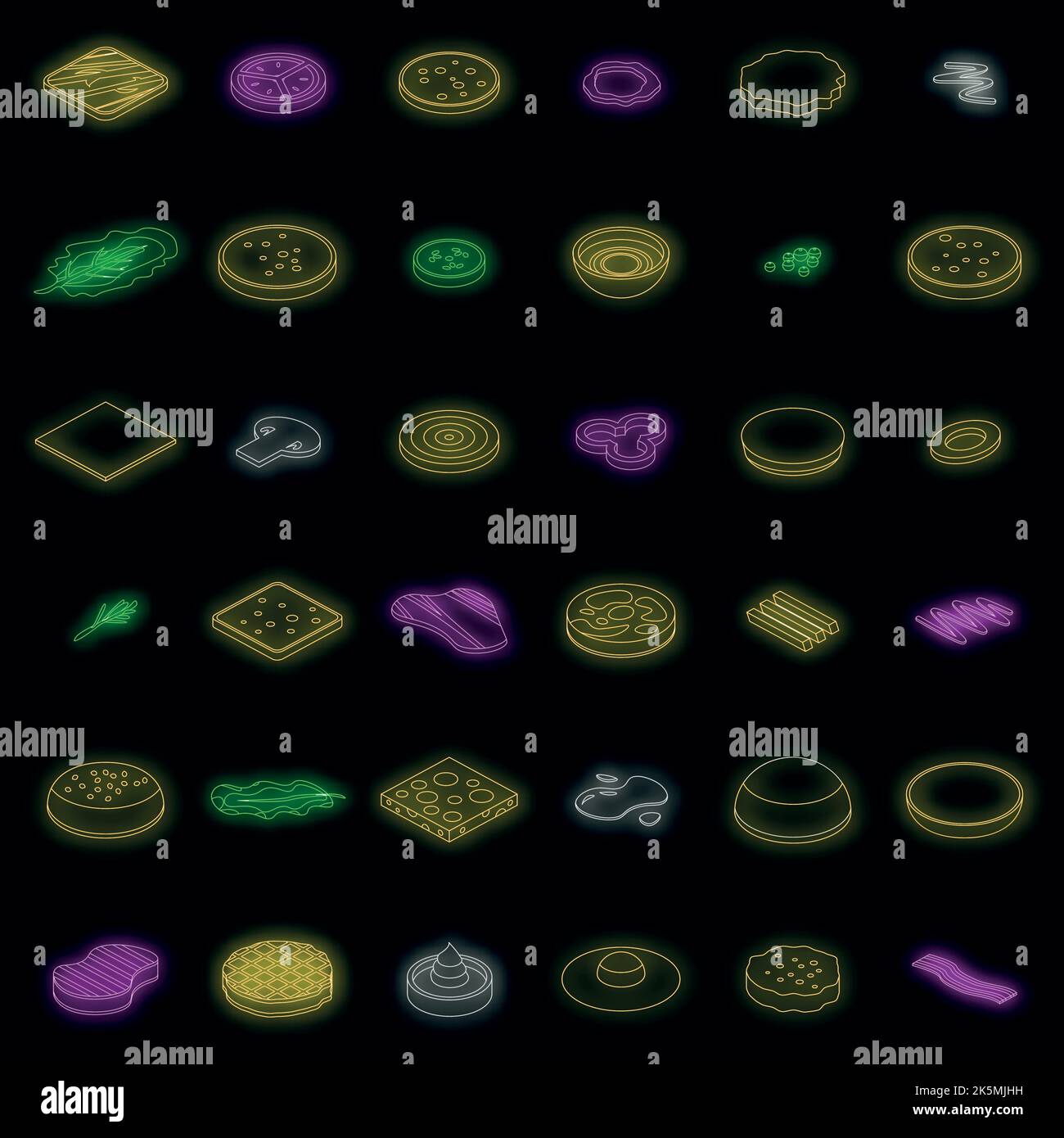 Burger icons set. Isometric set of burger vector icons neon color on ...