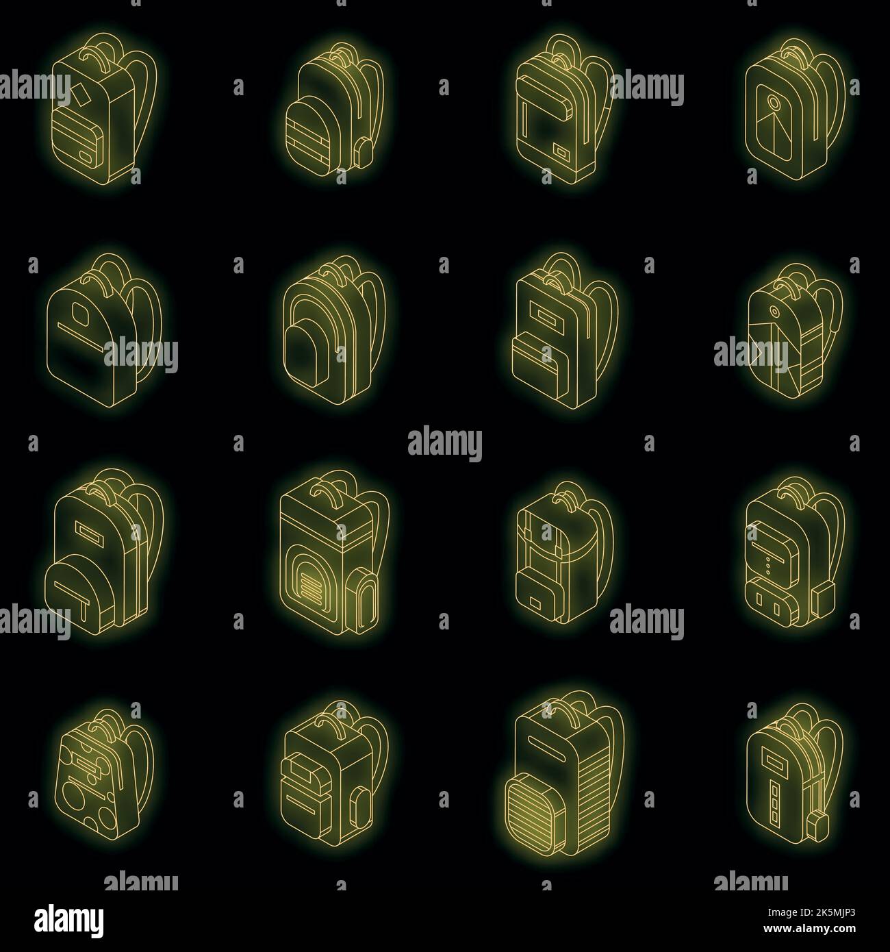 Backpack icons set. Isometric set of backpack vector icons neon color ...