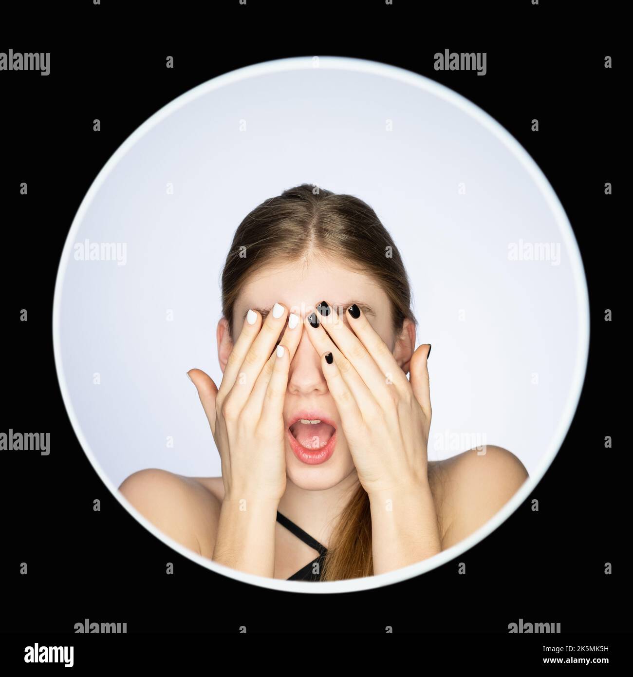 See no evil. Blind woman portrait. Fear shock. Headshot of surprised ...
