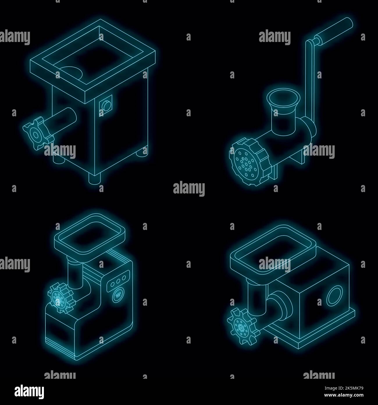 Meat grinder icons set. Isometric set of meat grinder vector icons neon ...