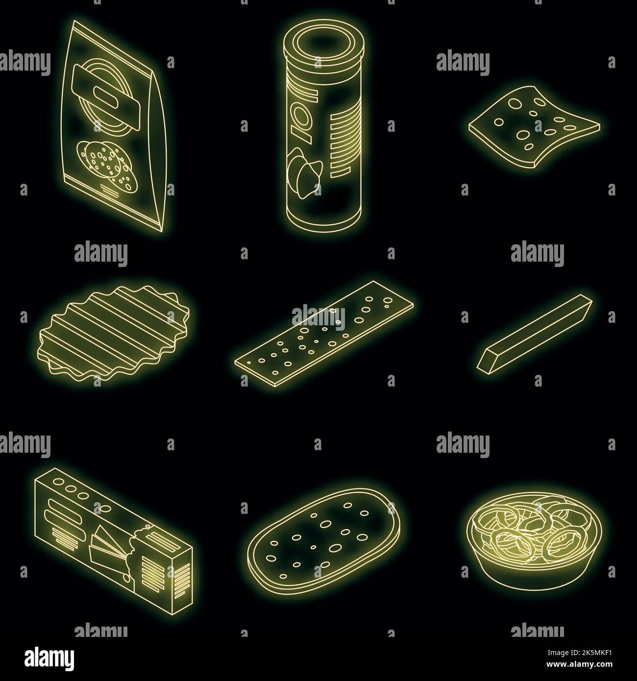 Chips potato icons set. Isometric set of chips potato vector icons neon ...