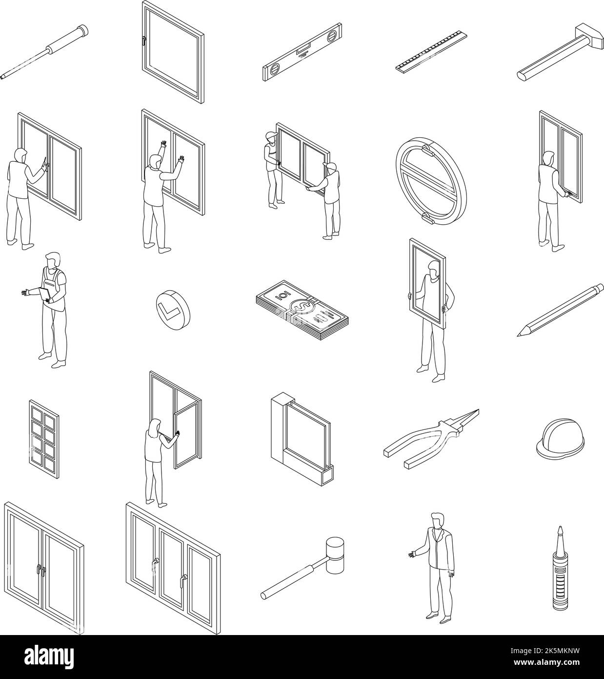 Window installation icons set. Isometric set of window installation ...