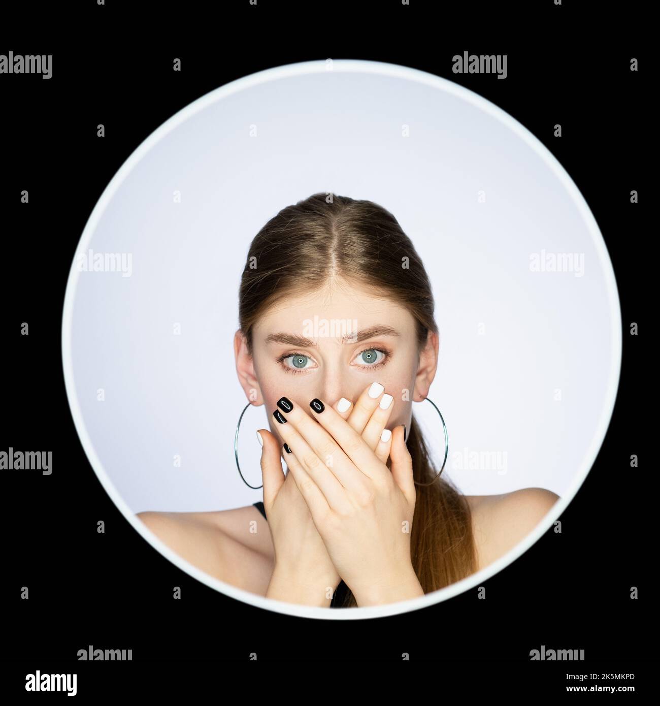 Speak no evil. Mute woman portrait. Secret censorship. Communication ...