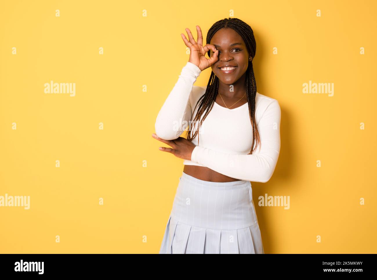 Young African American woman with braids hair isolated on yellow ...