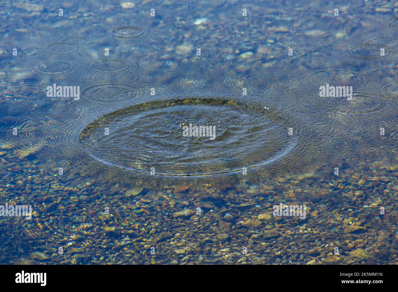 Round droplets of water over circles on the pool water. Water drop ...
