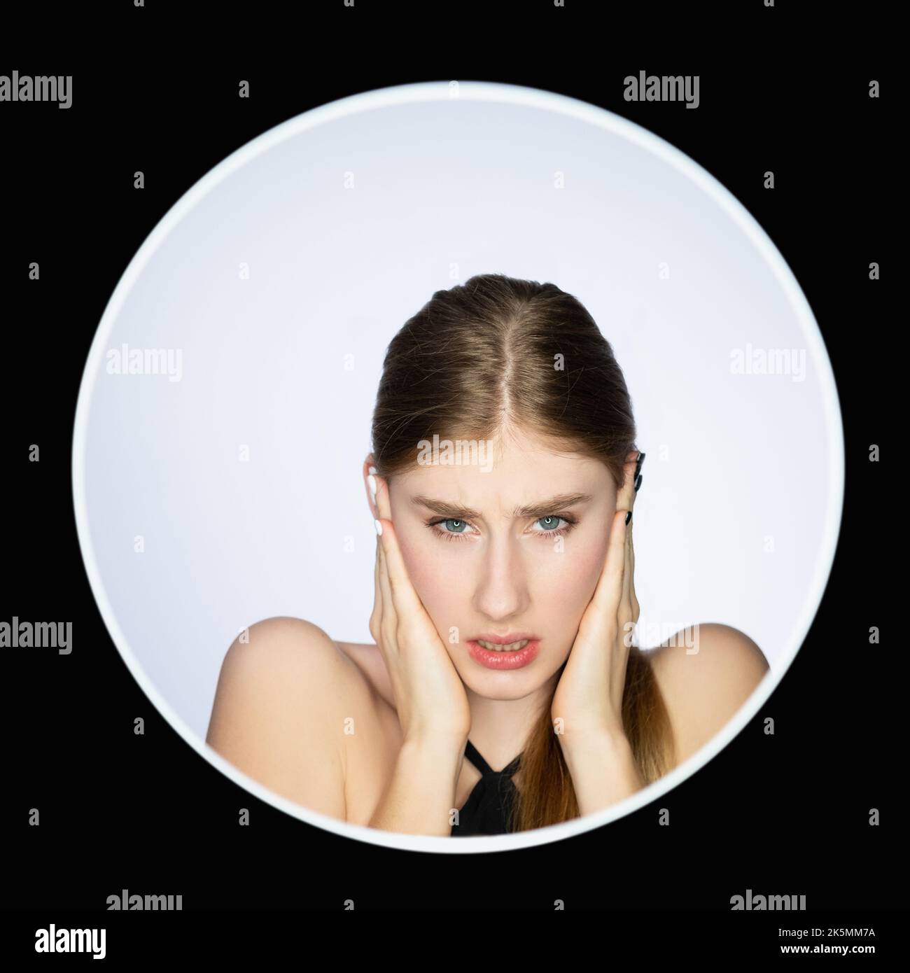 Hear no evil. Deaf woman portrait. Ignore information. Headshot ...