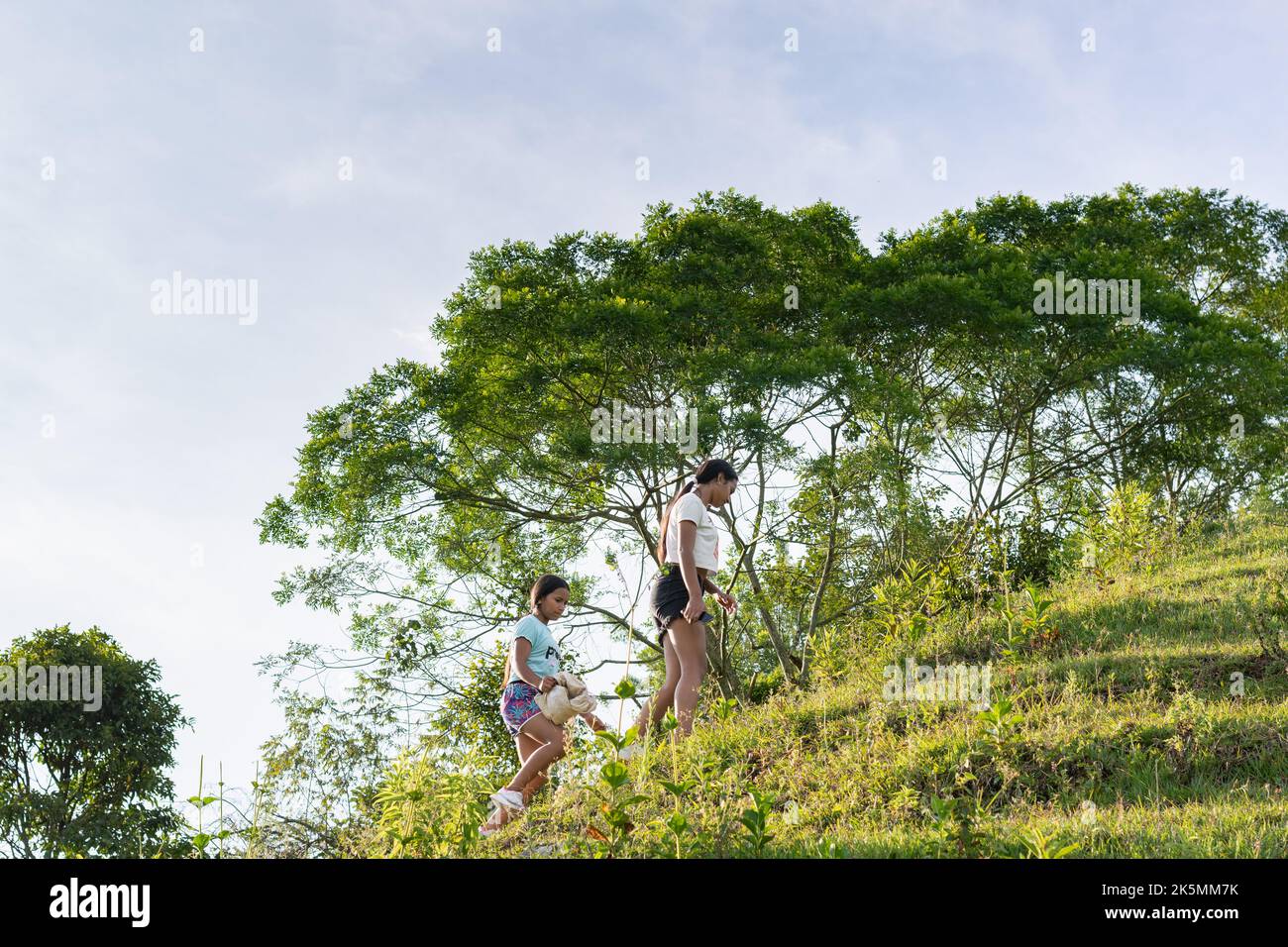 two brown-skinned Latina peasant girls, walking up a road to the top of ...