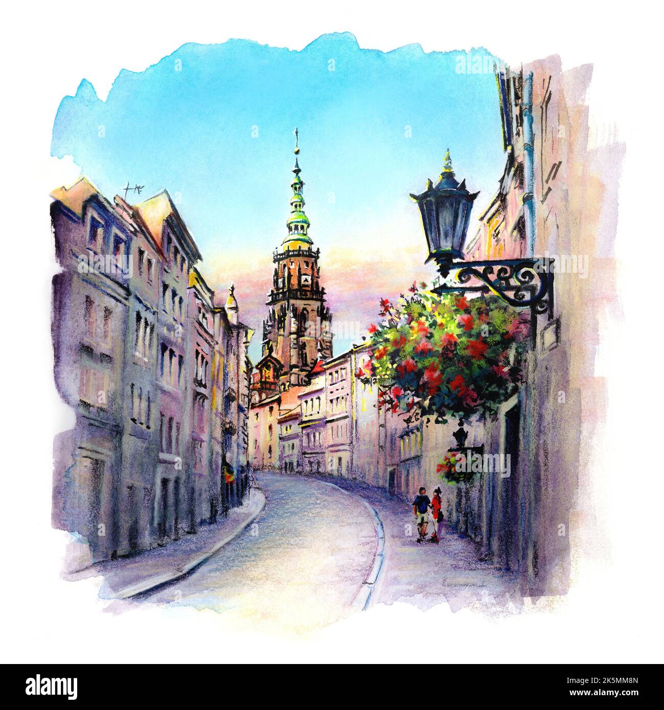 Watercolor sketch of Swidnica street and Cathedral, Silesia, Poland ...