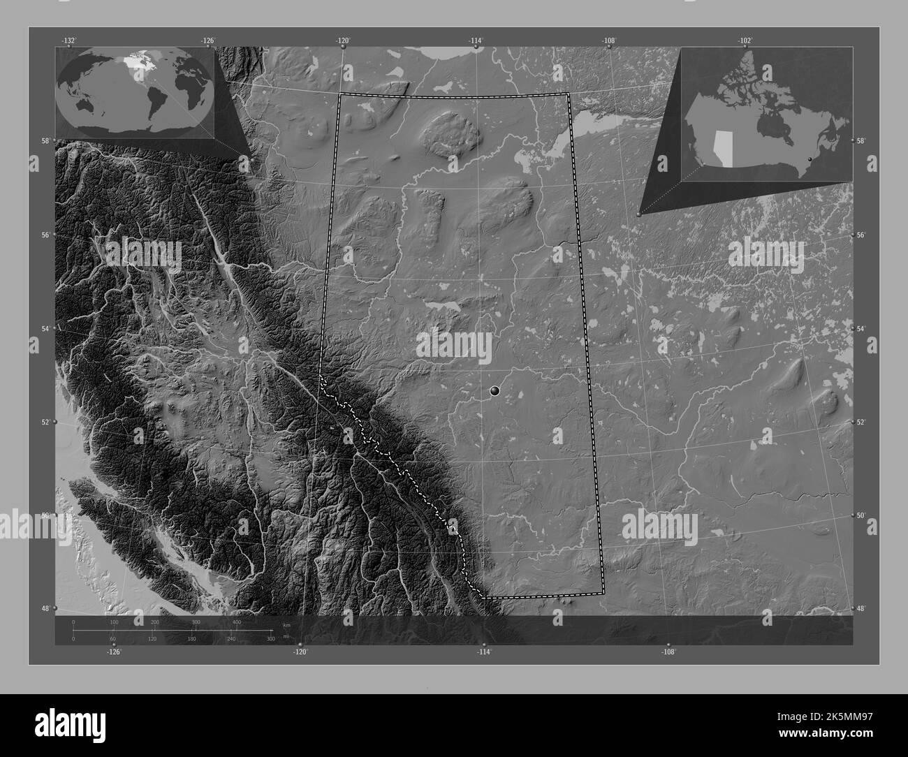 Alberta, province of Canada. Bilevel elevation map with lakes and rivers. Corner auxiliary ...