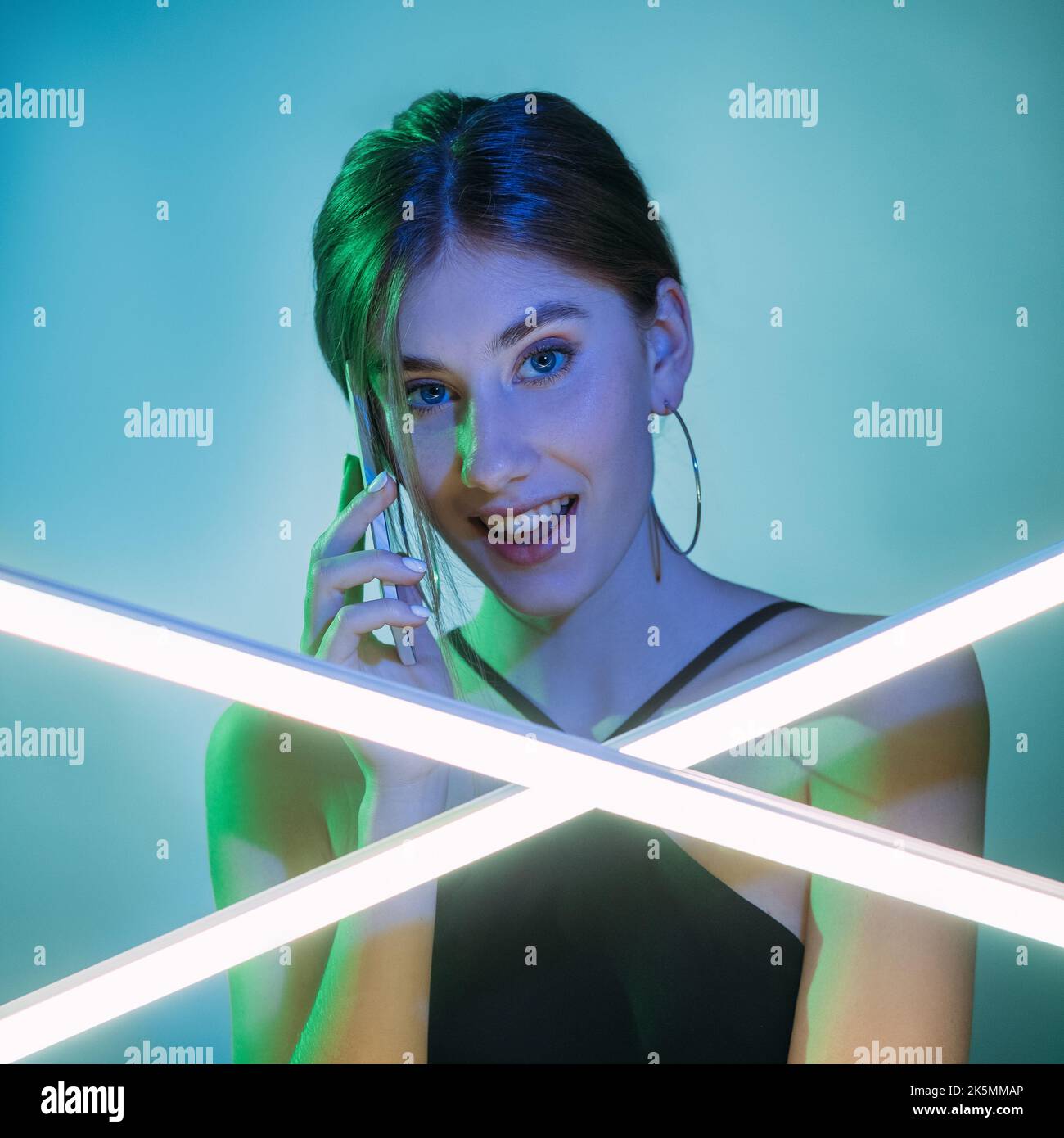 Phone call. Mobile communication. Futuristic technology. Green blue ...