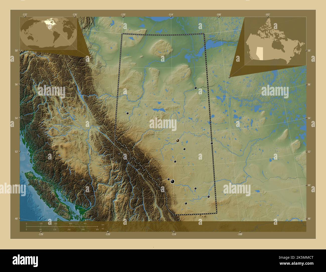 Alberta, province of Canada. Colored elevation map with lakes and ...