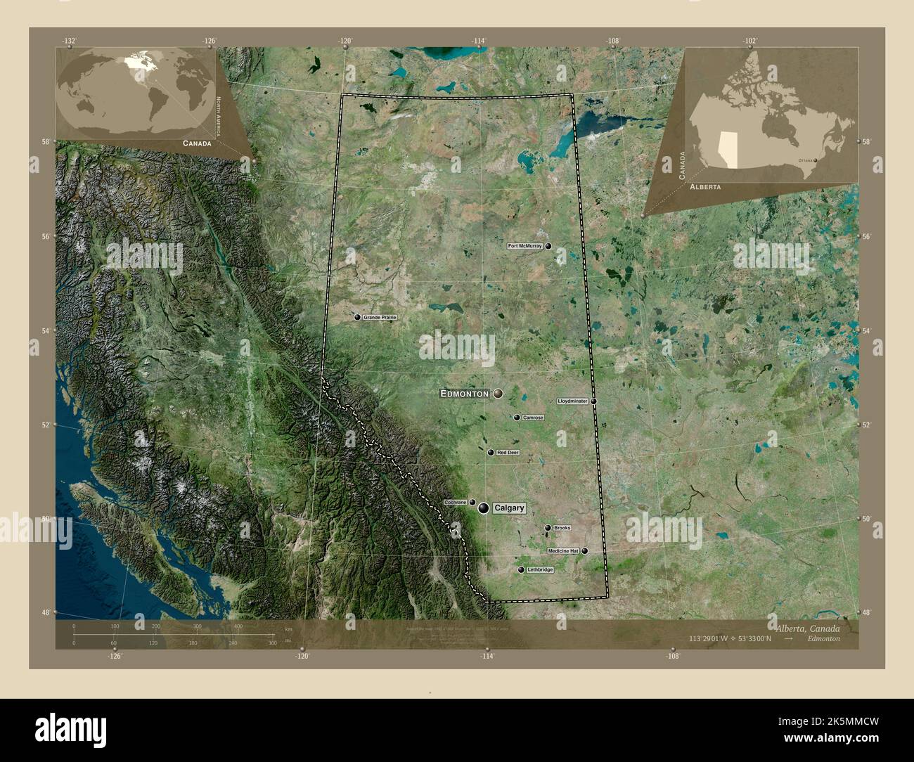 Alberta, province of Canada. High resolution satellite map. Locations ...