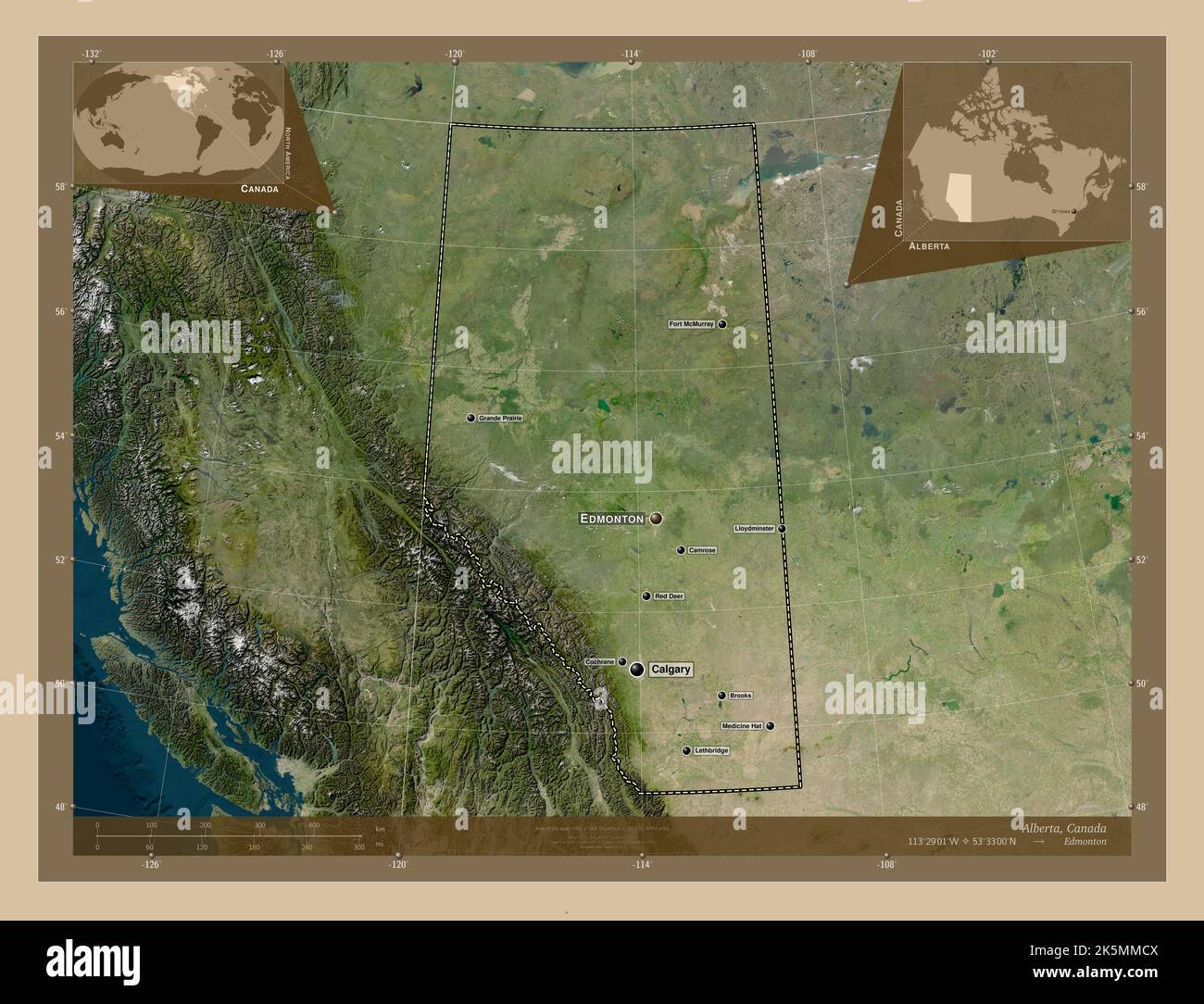 Alberta, province of Canada. Low resolution satellite map. Locations ...
