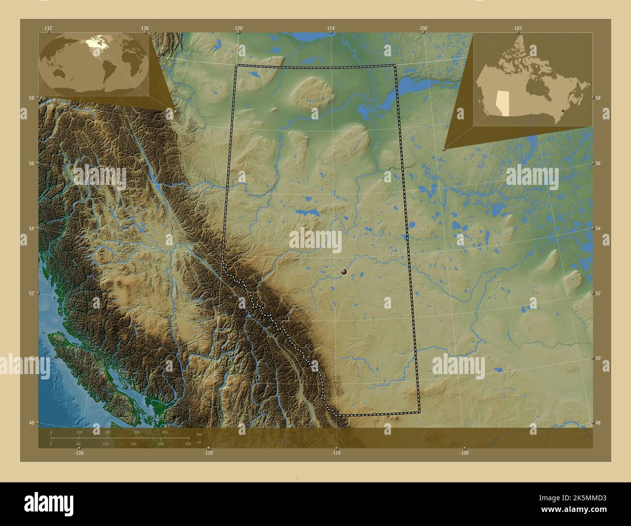 Alberta, province of Canada. Colored elevation map with lakes and rivers. Corner auxiliary ...