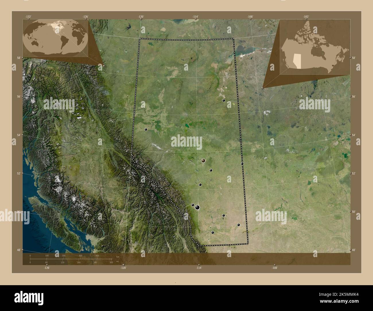 Alberta, province of Canada. Low resolution satellite map. Locations of ...