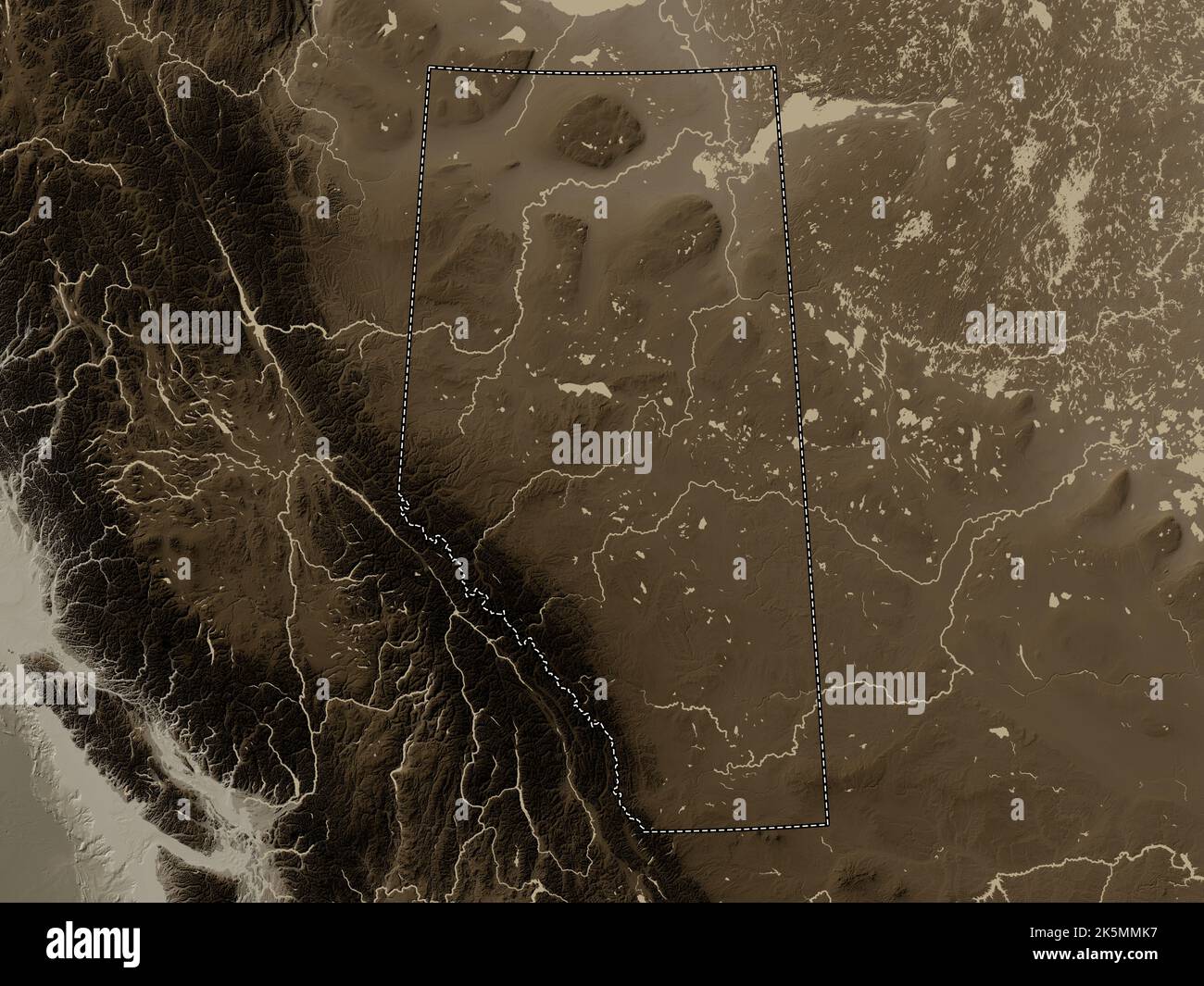 Alberta, province of Canada. Elevation map colored in sepia tones with ...