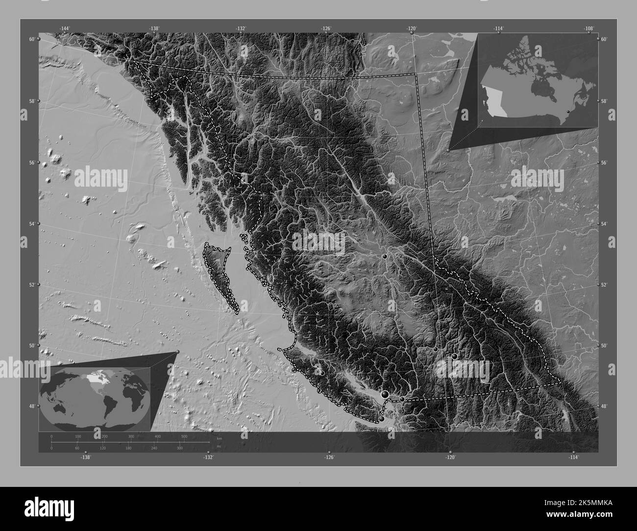 British Columbia, province of Canada. Bilevel elevation map with lakes ...