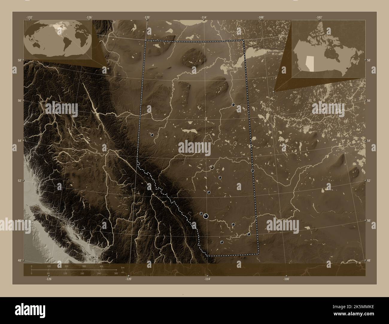 Alberta, province of Canada. Elevation map colored in sepia tones with ...