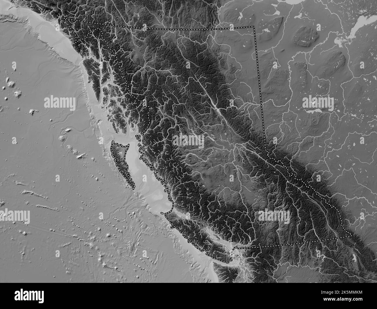 British Columbia, province of Canada. Grayscale elevation map with ...