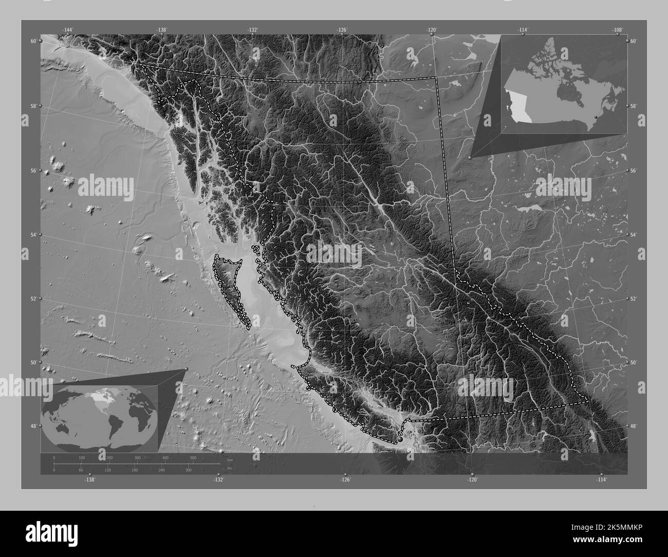 British Columbia, province of Canada. Grayscale elevation map with ...